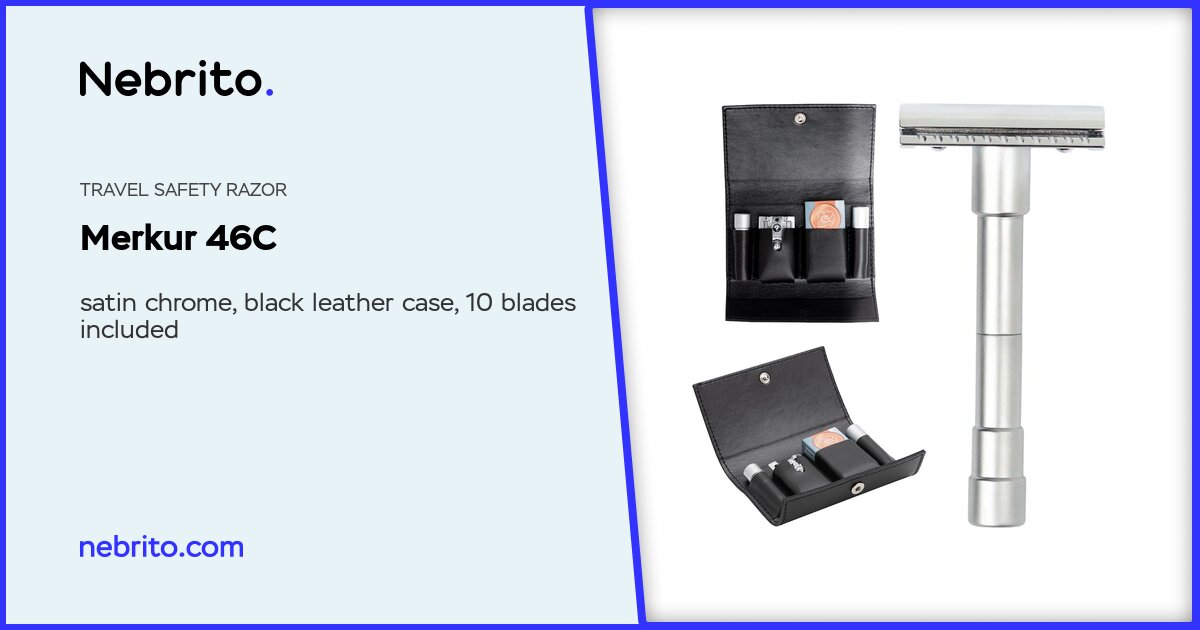 Travel Safety Razor Merkur 46C Satin chrome, black leather case, 10 ...